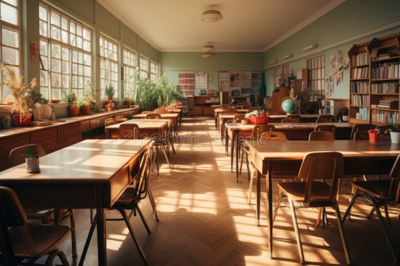 Empty Class Room with Windows and Desks, in the Style of Sun Rays Shine ...