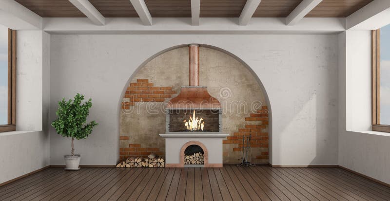Empty Classic Style Room with Fireplace in a Arch Wall Stock ...