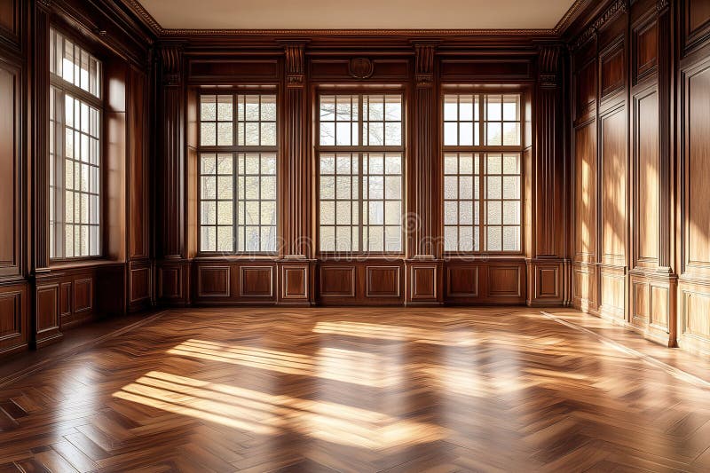 Empty Classical Interior with Wood Paneling, Herringbone Floor, and ...