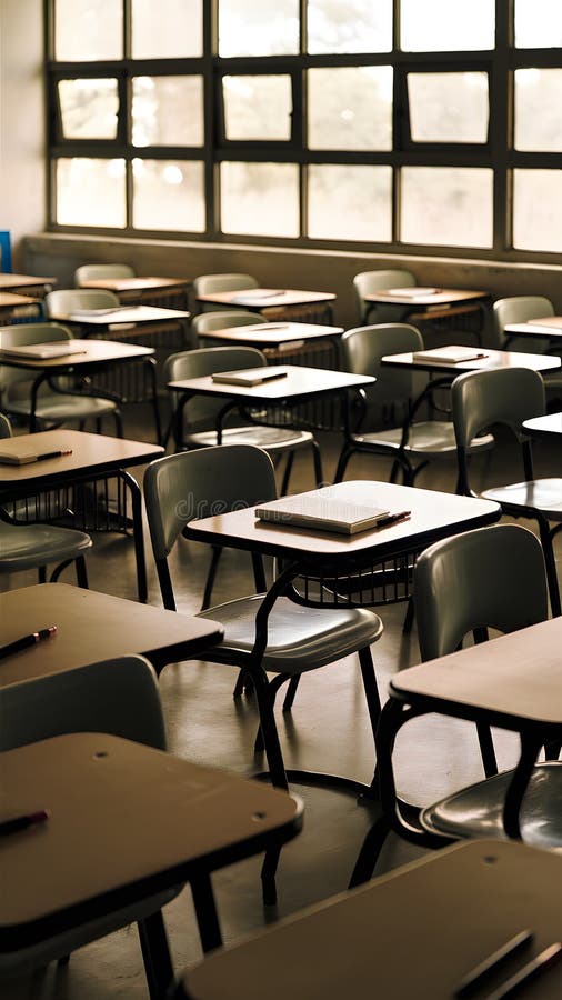 Empty Classroom with Desks, Chairs, Notebooks, and Pens, Awaiting ...