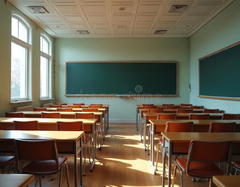 Empty Classroom Awaits Students Return. Sunlight Streams through ...