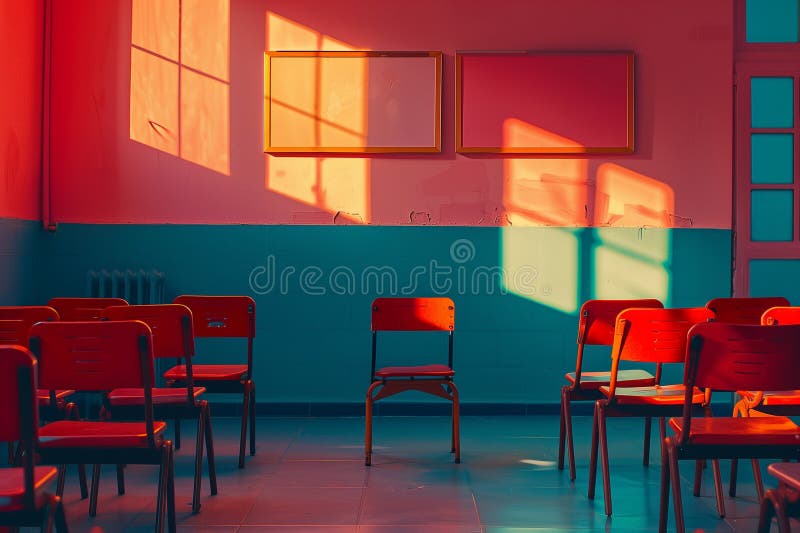 Empty Classroom Bathed in Warm Sunlight Streaming from Large Window ...