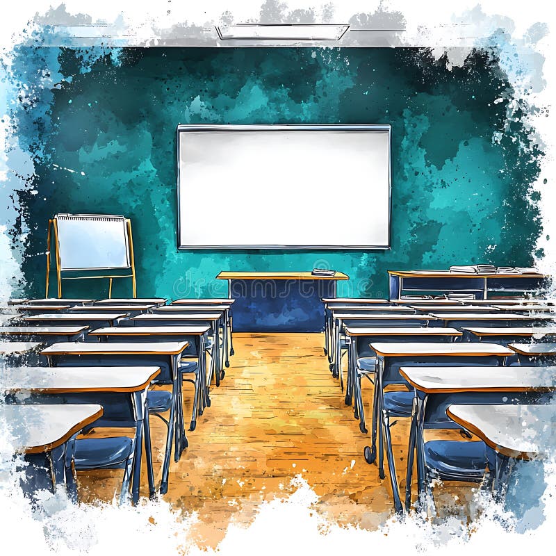 Empty Classroom with Blank Presentation Screen Artistic Illustration of ...