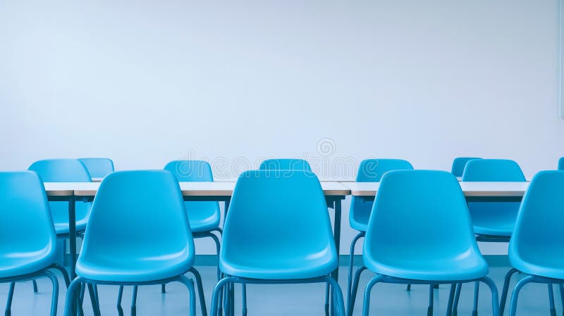Empty Classroom with Blue Chairs and White Walls in a Minimalist ...