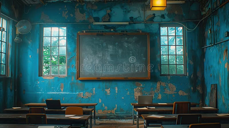 Empty Classroom with Blue Walls and Windows Stock Illustration ...