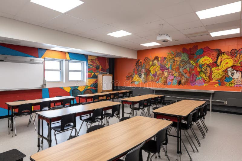 Empty Classroom, with Bold and Colorful Mural on the Wall Stock ...