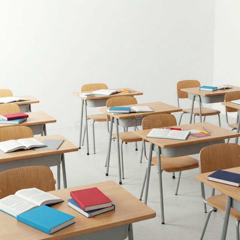 An Empty Classroom with Books and Notebooks on the Desks. Stock Image ...