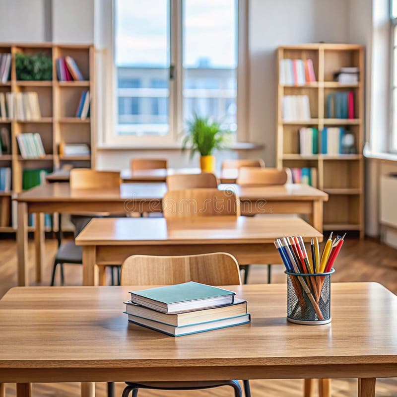 Empty Classroom with Books, Pencils, Desks, and Bookshelves Stock Photo ...