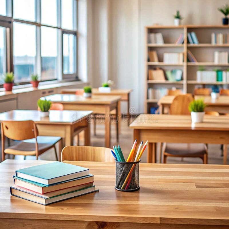 Empty Classroom with Books, Pencils, Desks, and Chairs Stock ...
