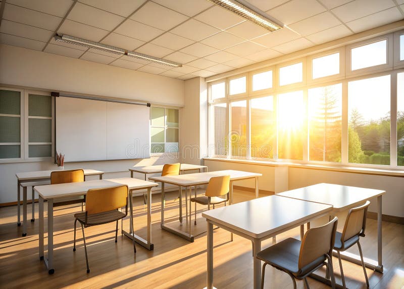 Empty Classroom with Bright Environment, Benches and Board in the ...