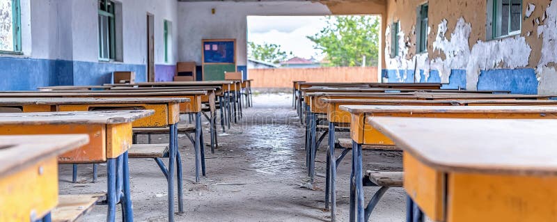 Empty Classroom with Broken Desks in Remote School Setting Stock ...