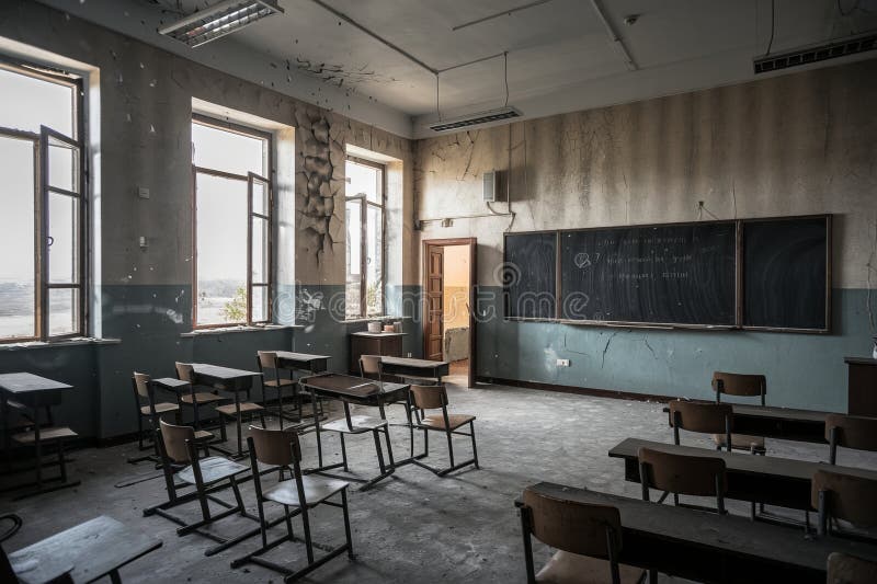Empty Classroom with Broken Windows Stock Illustration - Illustration ...
