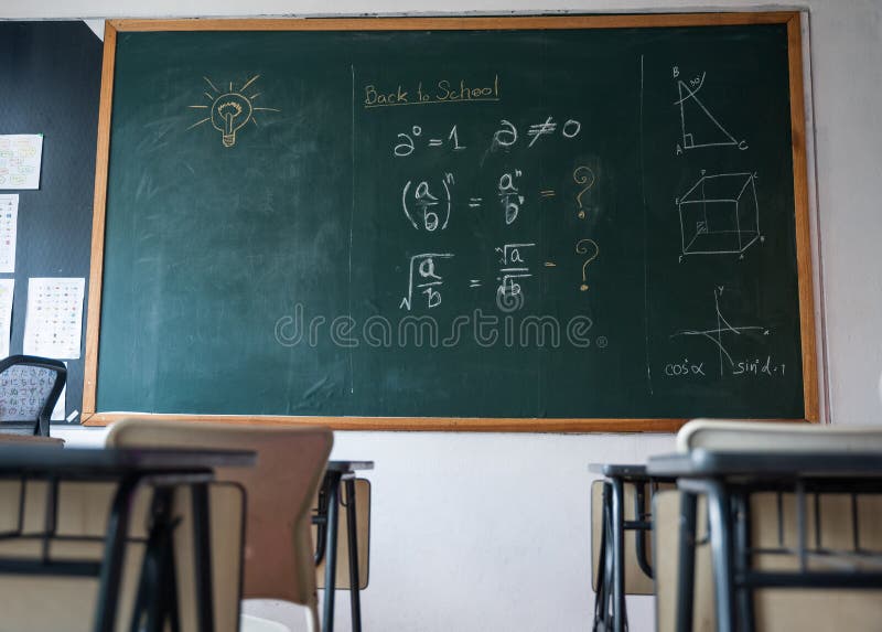 Empty Classroom with Chairs Elementary School Desks and Chalkboard ...