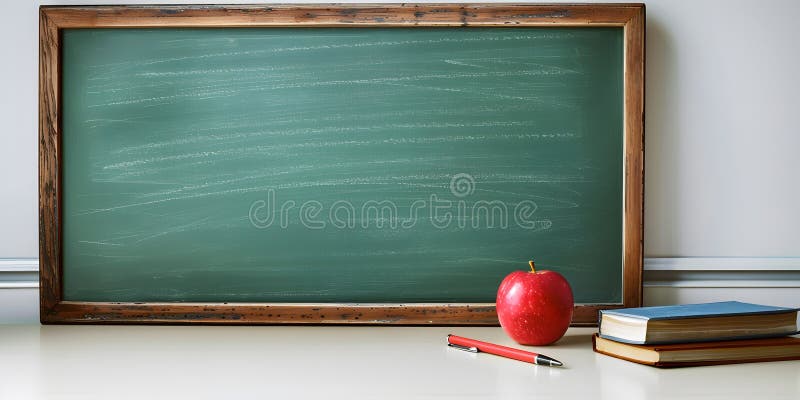Empty Classroom Chalkboard with Apple, Books, and Pen Back To School ...