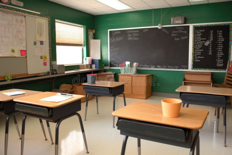 Empty Classroom with Chalkboard, Books, and Writing Utensils Ready for ...
