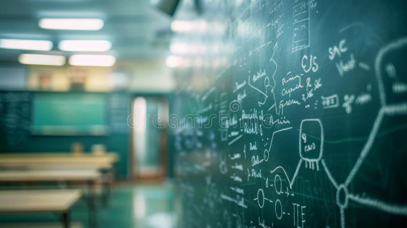 Empty Classroom with Chalkboard Covered in Scientific Formulas ...