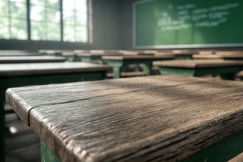 Empty Classroom with Chalkboard and Desks Arranged for Collaborative ...