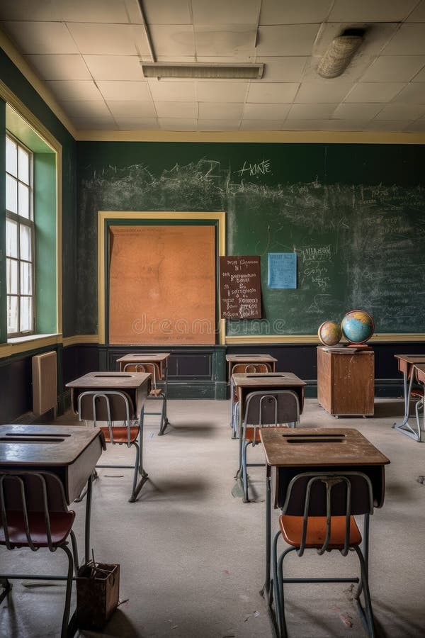 Empty Classroom with Chalkboard, Desks, and Chairs Stock Illustration ...