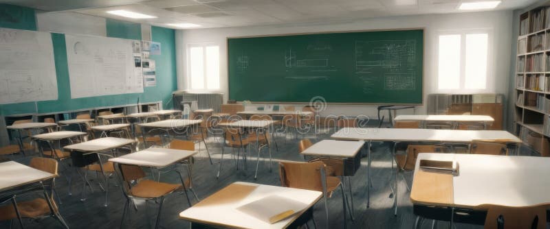Empty Classroom with Chalkboard and Desks Stock Image - Image of desks ...