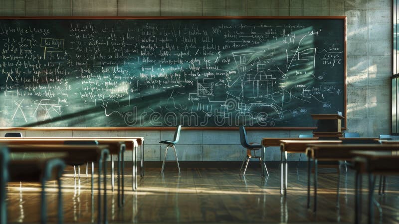 Empty Classroom with Chalkboard Filled with Mathematical Equations ...
