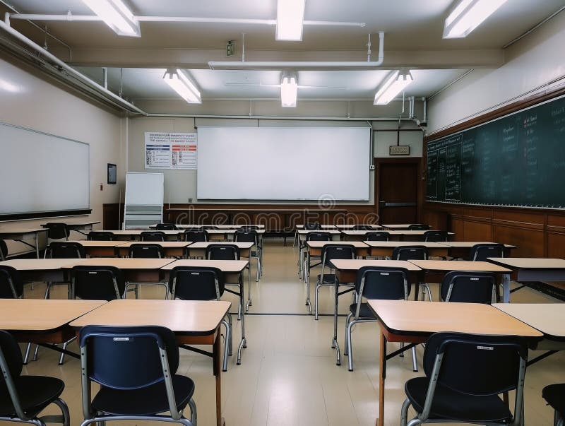 Empty Classroom with Chalkboard and Projector Screen Stock Image ...