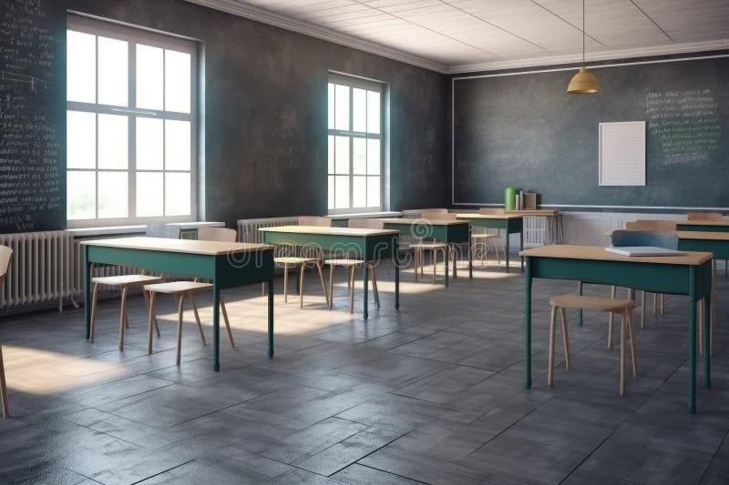 Empty Classroom with Chalkboard and Wooden Desks for School Project or ...