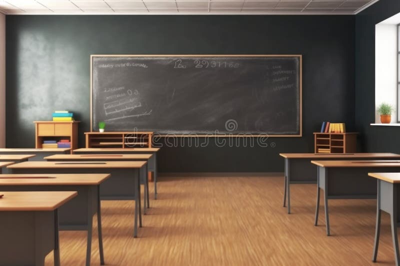 Empty Classroom with Chalkboard and Wooden Desks for School Project or ...
