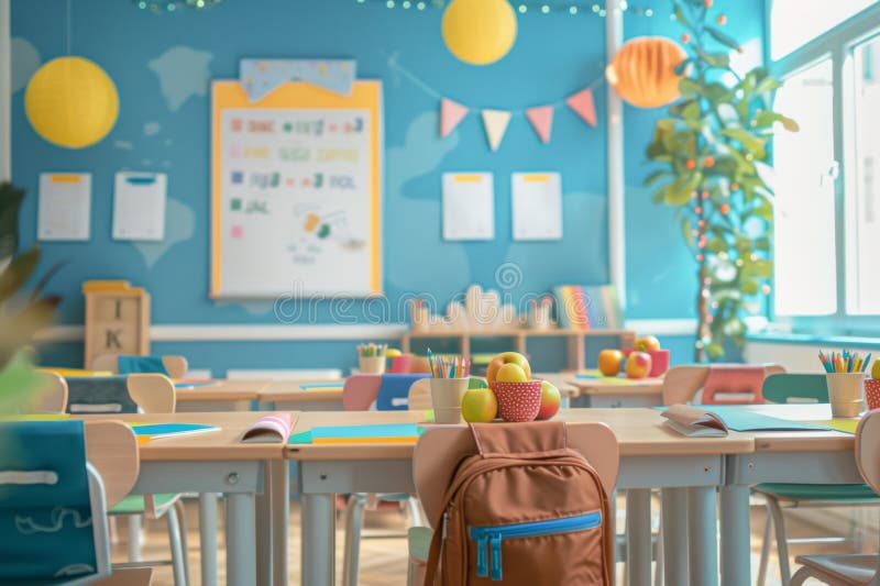 Empty Classroom with Backpack Stock Photo - Image of apple ...