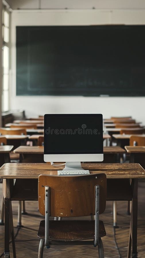 Empty Classroom with Computer on Desk - Modern Education Technology ...