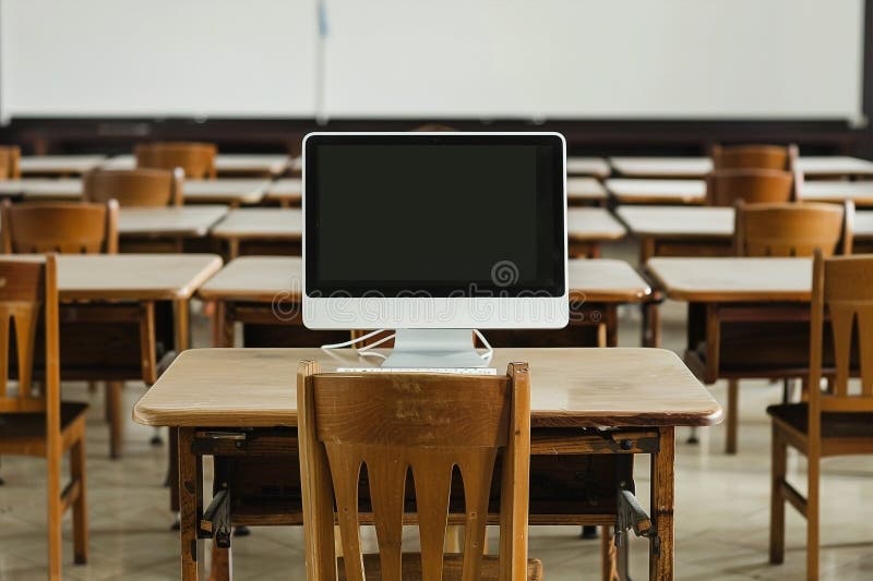 Empty Classroom with Computer on Desk - Modern Education Technology ...