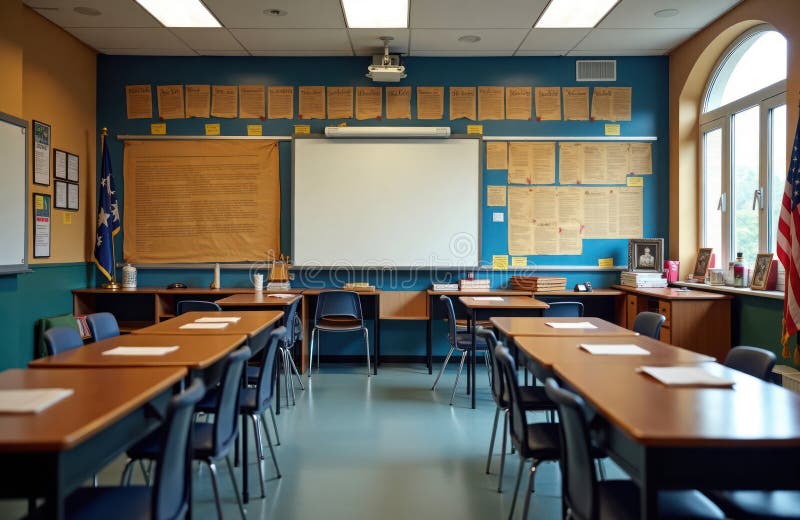 Empty Classroom Decorated with Constitution Posters, American Flags ...