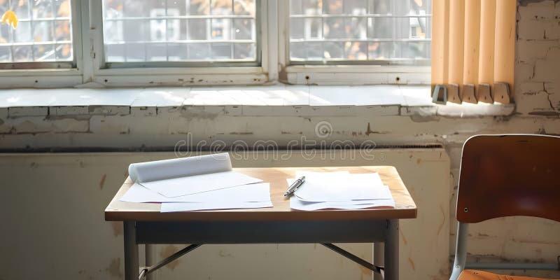 Empty Classroom Desk with Papers and Pen by Sunlit Window, Education ...