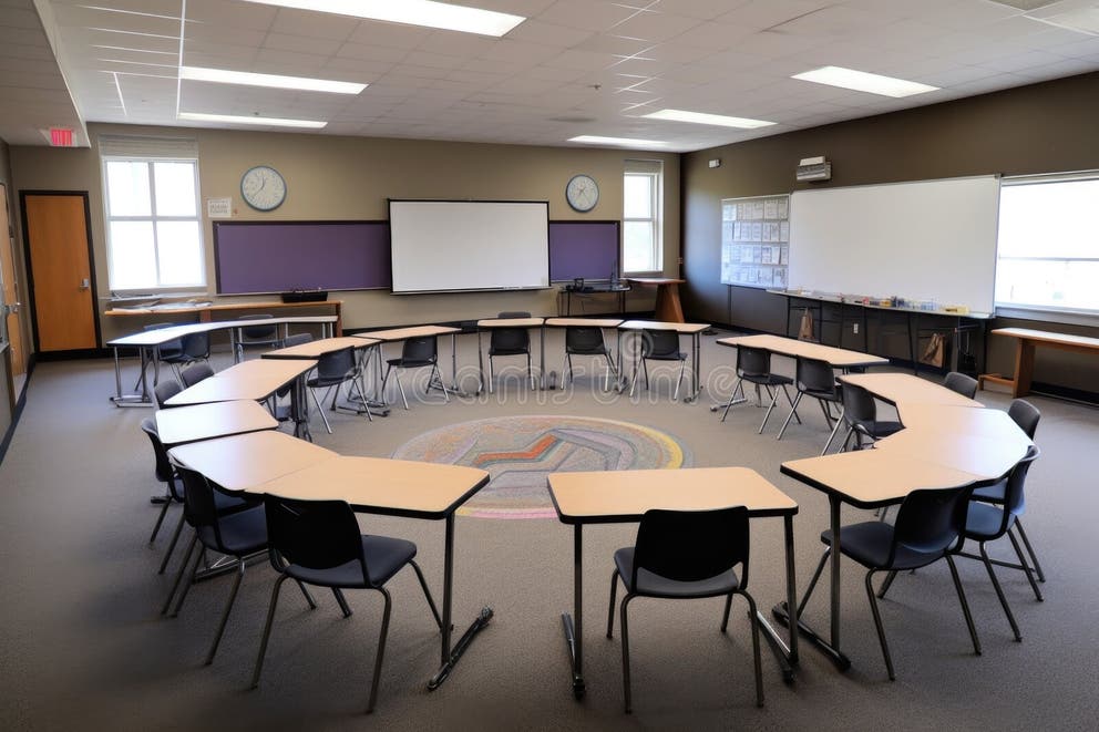 Empty Classroom with Desks Arranged in a Circle for Collaborative ...