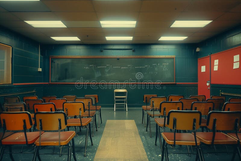 Empty Classroom with Desks Arranged for Students and Blackboard ...