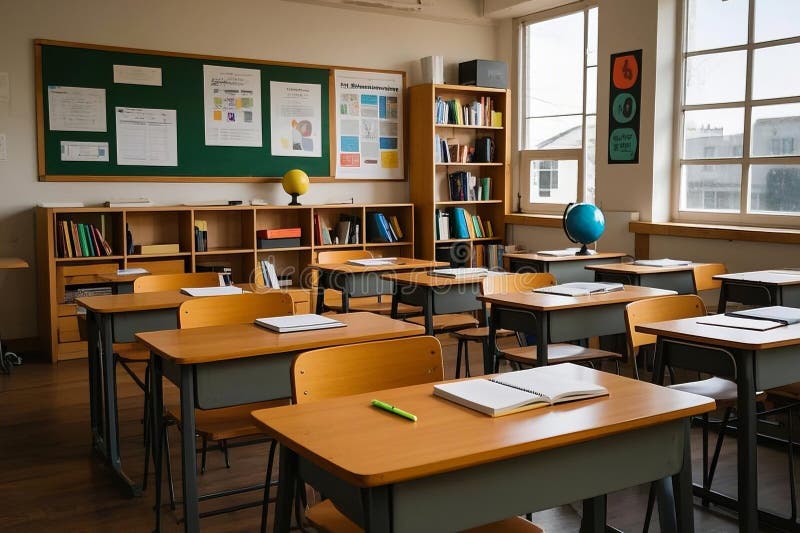 Empty Classroom with Desks and Bookshelves Stock Photo - Image of desk ...