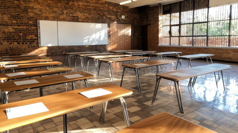 Empty Classroom with Desks and Brick Walls Stock Illustration ...