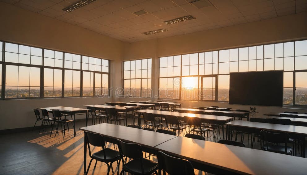 Empty Classroom Desks and Chairs are Arranged in Rows Facing a Large ...