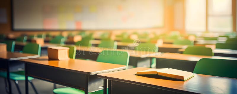 An Empty Classroom with Desks Chairs and a Blackboard Awaits Students ...
