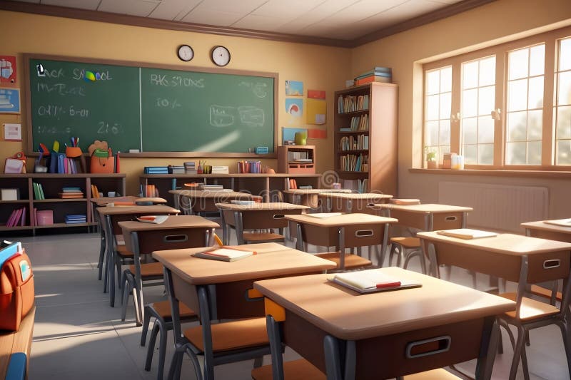 Empty Classroom with Desks and Chairs, Blackboard, Bookshelf, and ...