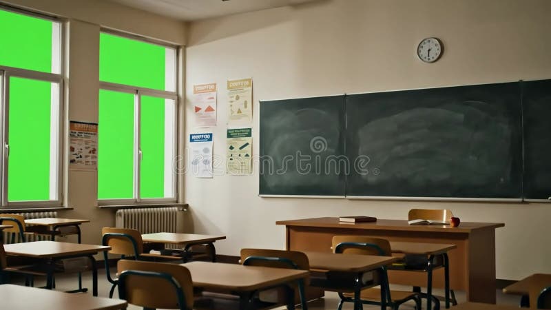 Empty Classroom with Green Screen Windows, Ready for Background ...