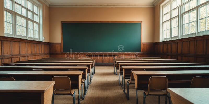 An Empty Classroom with Desks, Chairs, and a Blackboard Stock Photo ...
