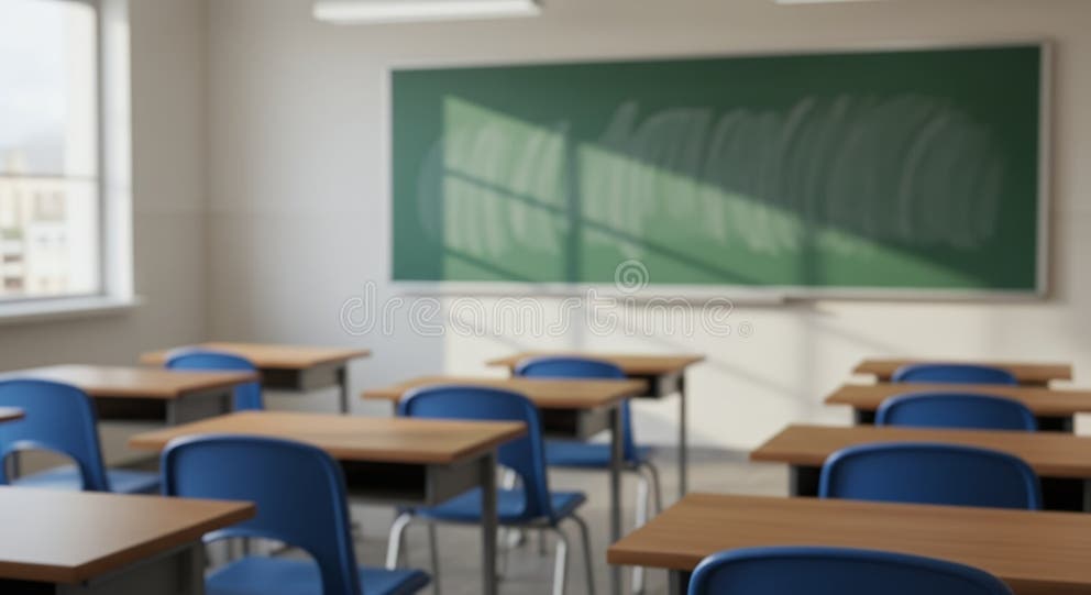 Empty Classroom Desks, Chairs and Chalkboard. Back To School, Education ...
