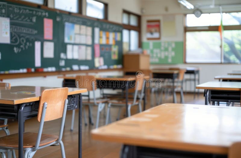 Empty Classroom with Desks and Chalkboard during Daylight Stock Image ...