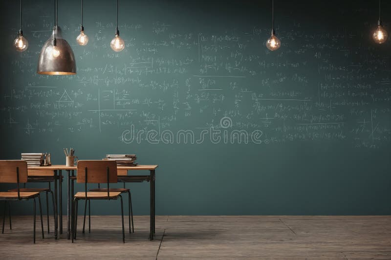 Empty Classroom with Desks and Chalkboard Filled with Math Equations in ...