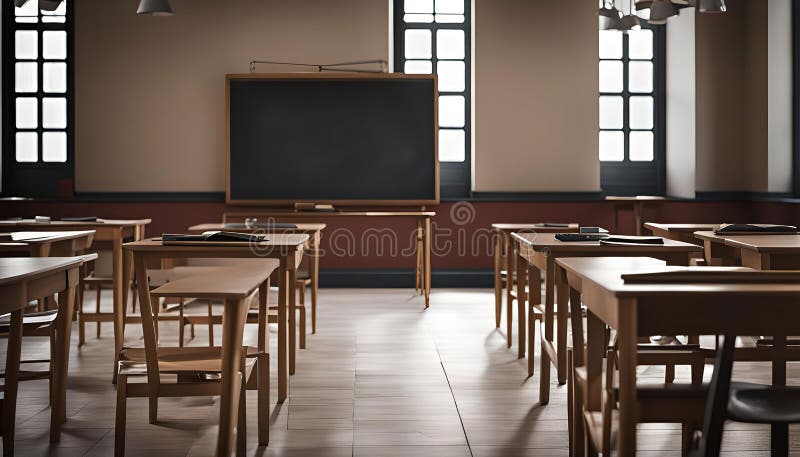 Empty Classroom with Desks and a Chalkboard Stock Illustration ...