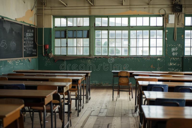 Empty Classroom Waiting for Students with Desks and Chalkboard Stock ...