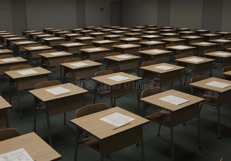 Empty Classroom Desks and Papers Ready for Examination or Learning ...