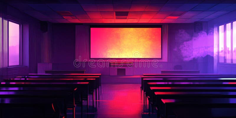 Empty Classroom Dramatic Lighting Pink Purple Gradient Screen Desks ...