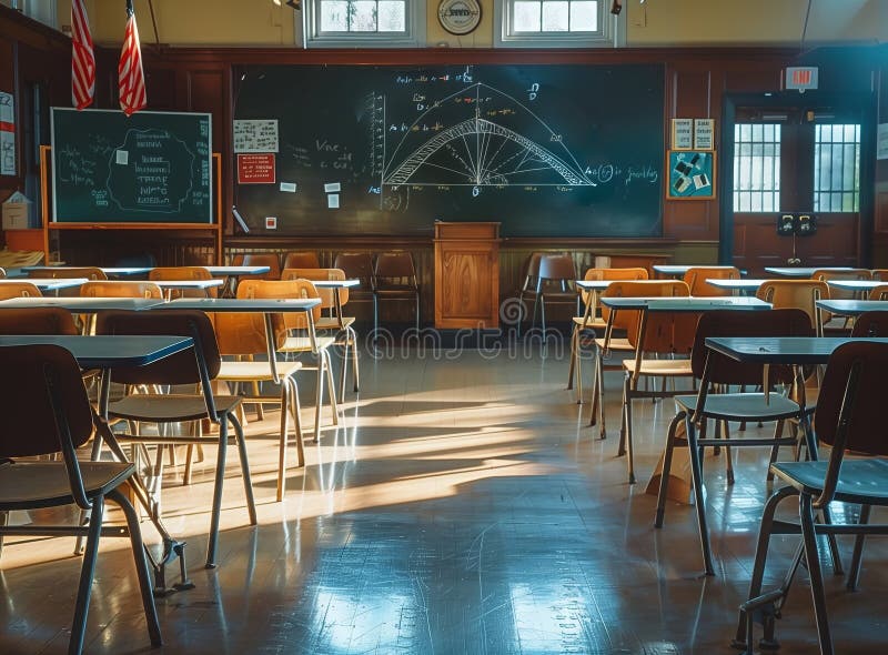 Empty Classroom with a Drawing on the Blackboard Waiting for the Start ...
