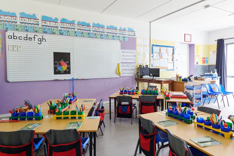Empty Classroom in Elementary School with Whiteboard and Desks Stock Image - Image of primary ...
